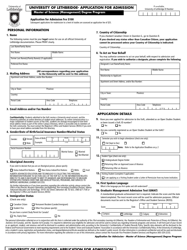 University of Lethbridge-Application For Admission: Personal ...