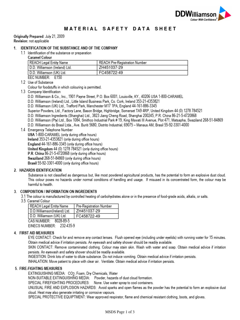 Caramel Color MSDS Overview | PDF | Firefighting | Water