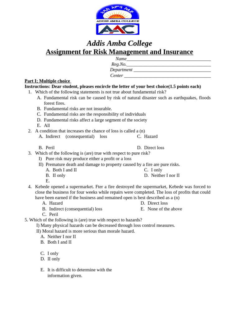 Risk Management and Insurance Assignment | PDF | Insurance | Risk
