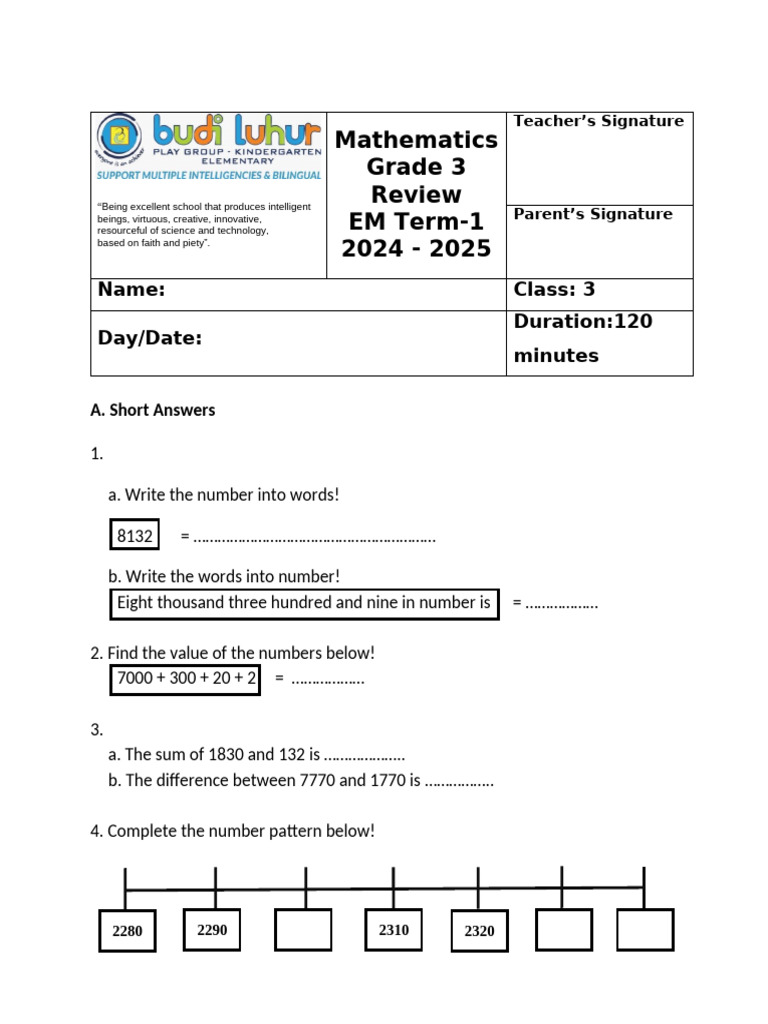 Review Math EM - Term 1 Grade 3 24-25 | PDF | Mathematics | Science