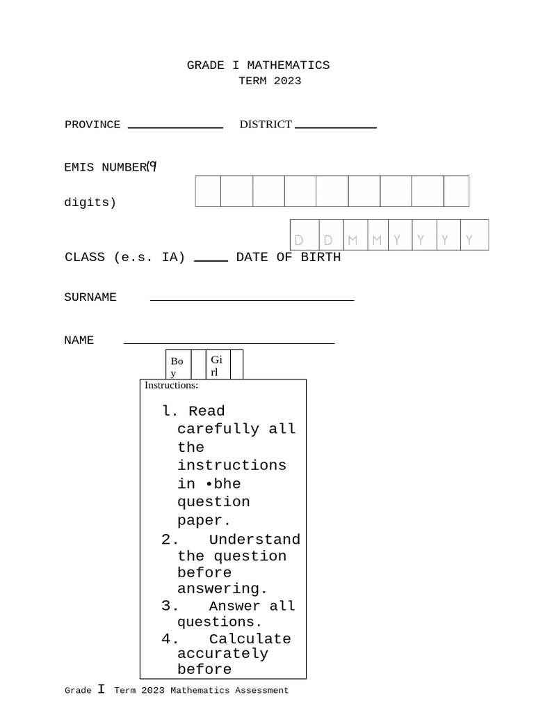 Grade I Mathematics Assessment 2023 | PDF | Mathematics