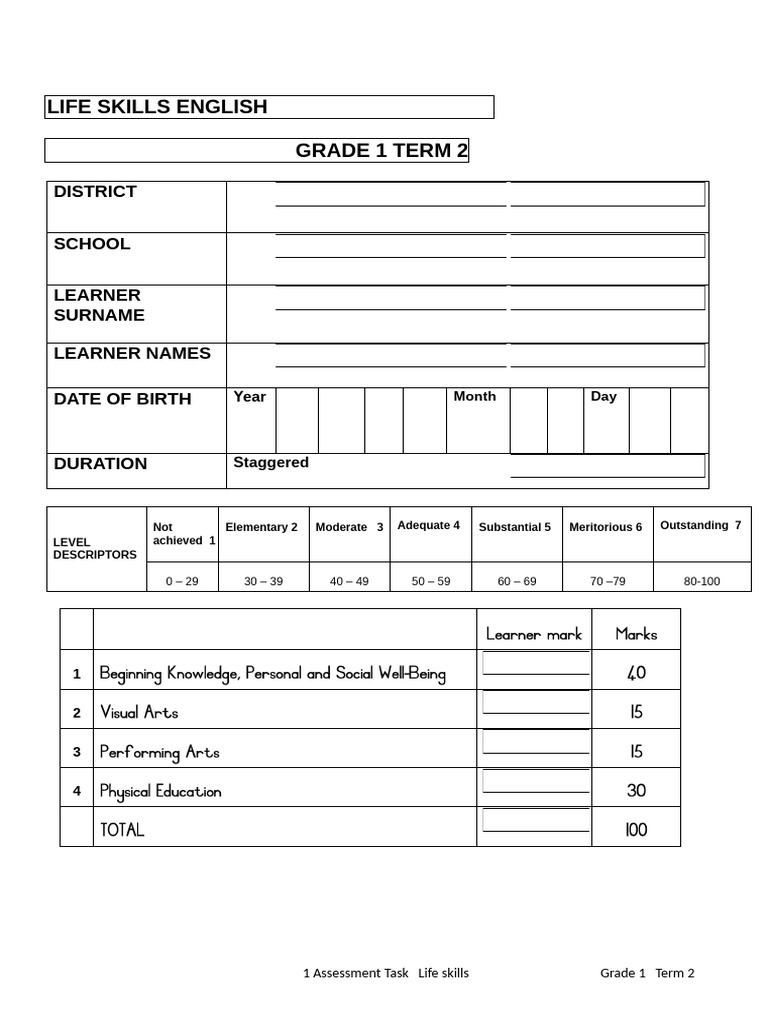 Grade 1 Term 2 Life Skills Assessment | PDF