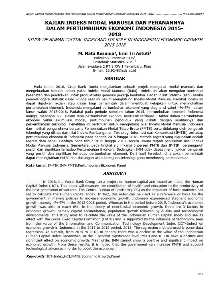 Kajian Indeks Modal Manusia Dan Peranannya Dalam Pertumbuhan Ekonomi Indonesia 2015-2018 | PDF