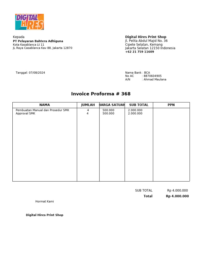 Contoh Proforma Invoice Dalam Bahasa Indonesia | PDF