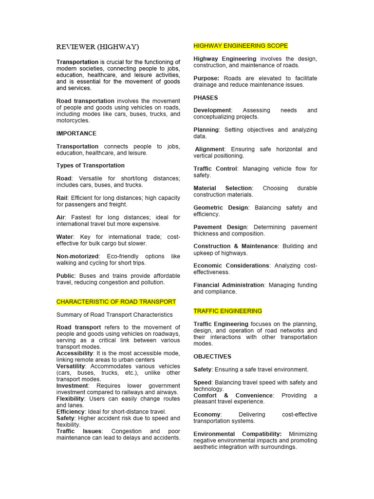 REVIEWER (Highway Engineering) | PDF | Transport | Road