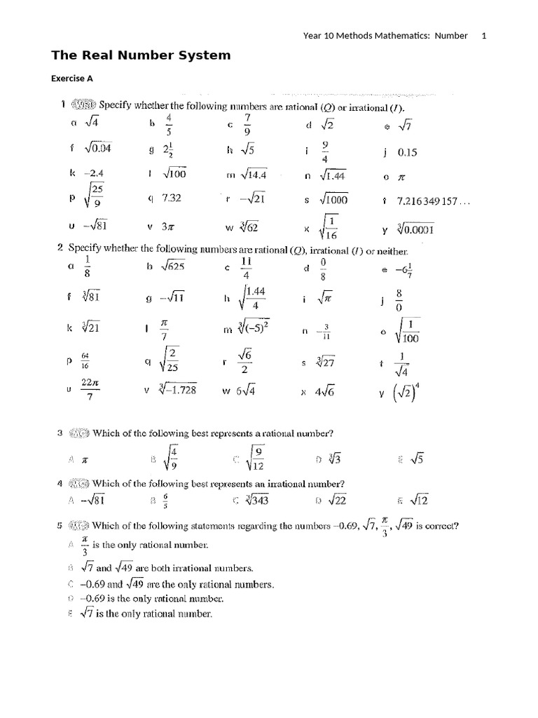 The Real Number System Worksheet | PDF
