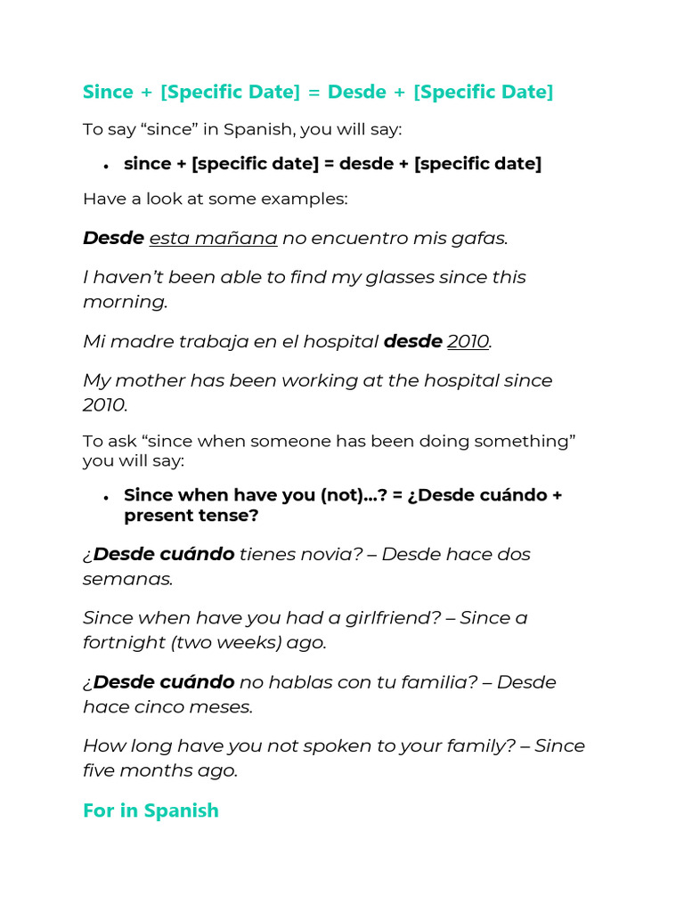 Using "Since" and "For" in Spanish | PDF