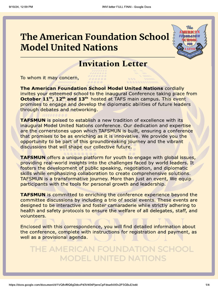 Invitation Letter TAFSMUN | PDF