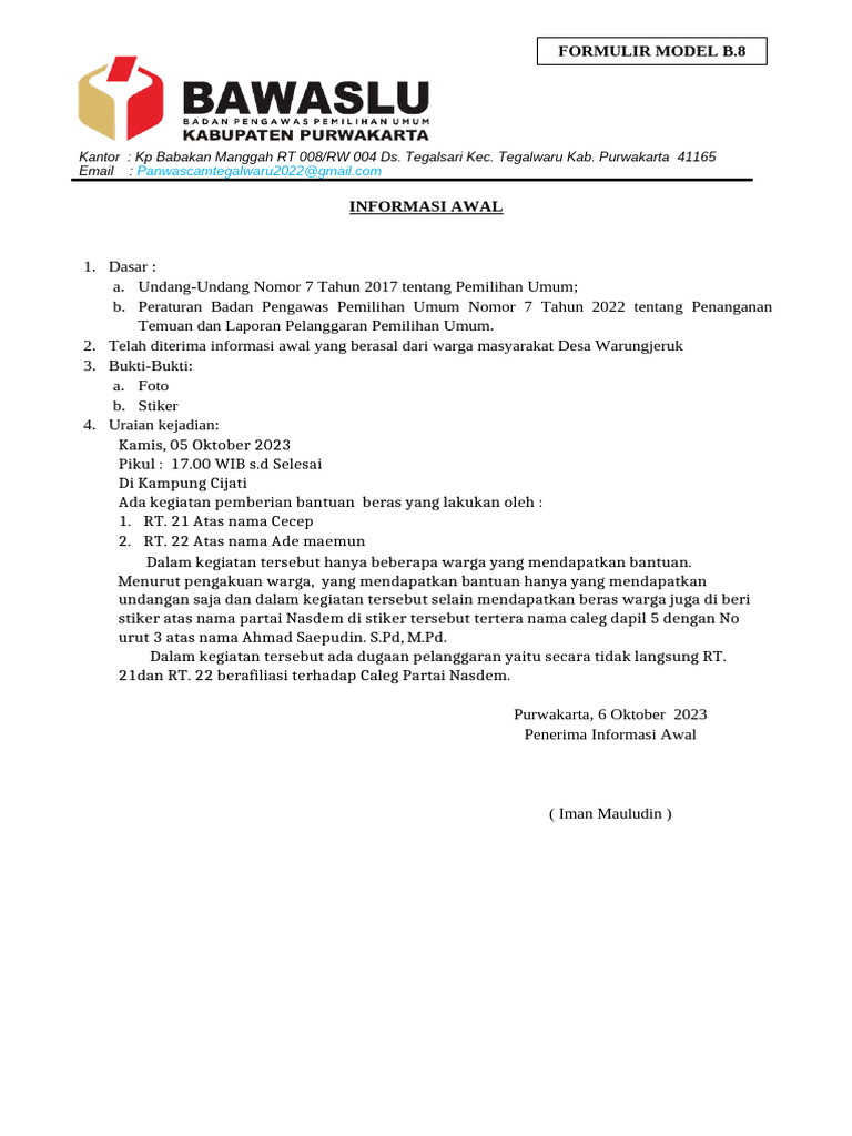 Formulir Model B.8 Informasi Awal | PDF
