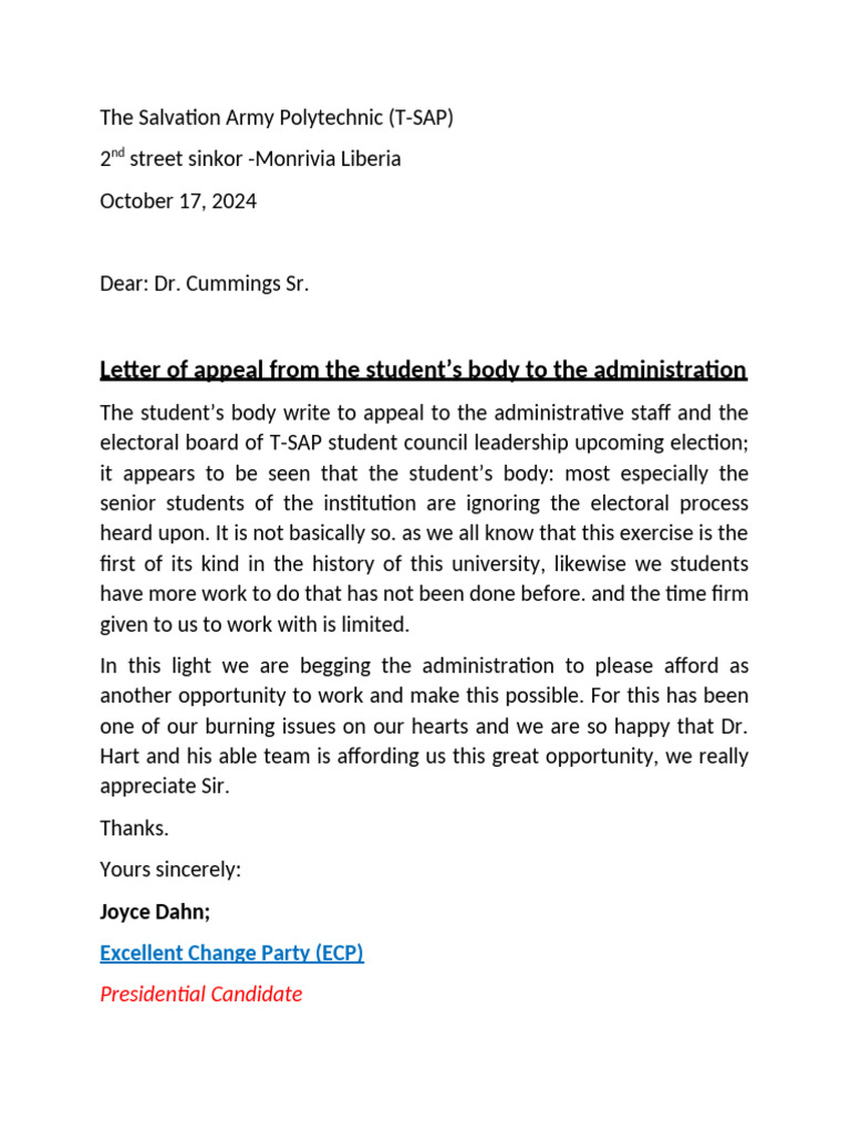 ECP. Letter of Appeal To The Administration. | PDF
