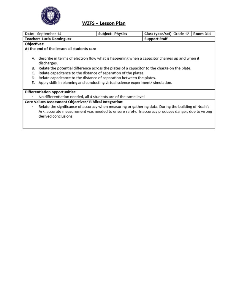 Grade 12 Physics Capacitor Lesson Plan | PDF | Capacitance | Capacitor