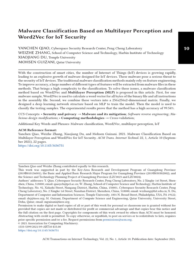 Malware Classification Based On Multilayer Perception And Pdf