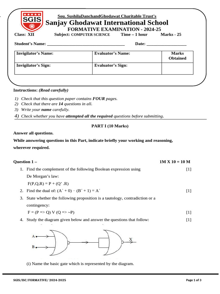 Grade XII - Computer Science - Question Paper | PDF | Boolean Algebra ...