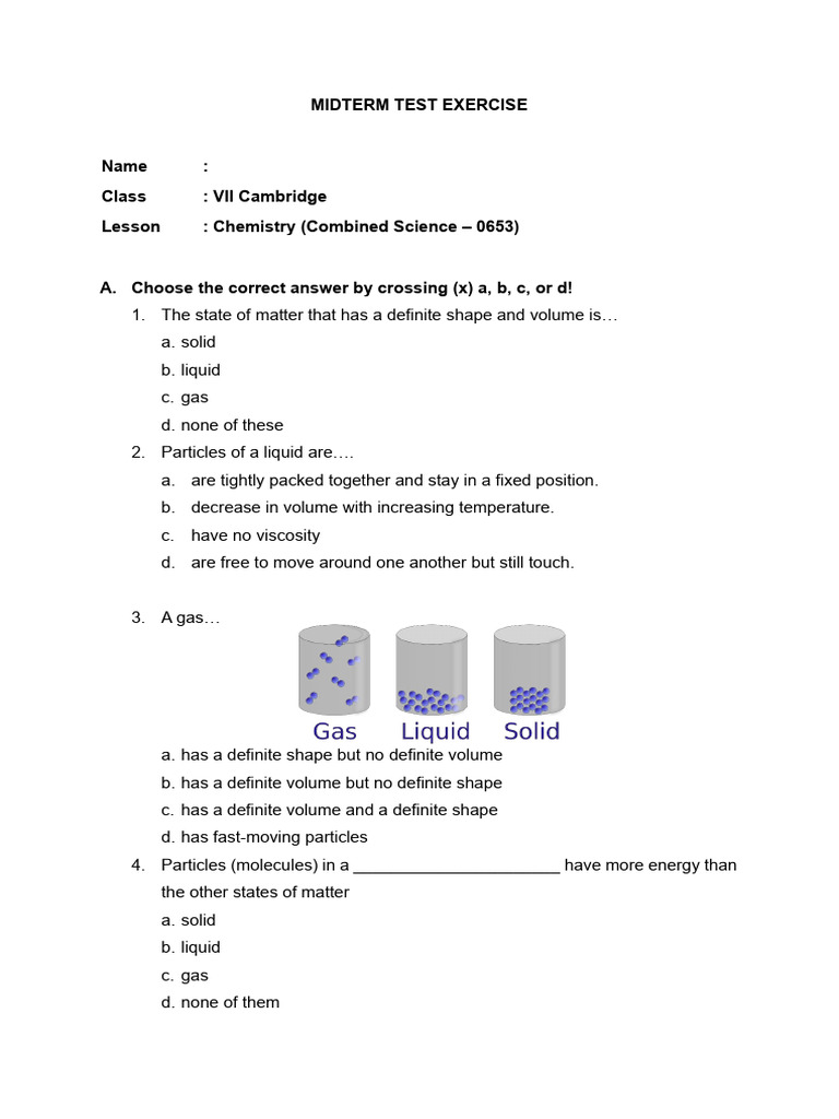 Chemistry Midterm Test for Grade VII | PDF | Atoms | Proton