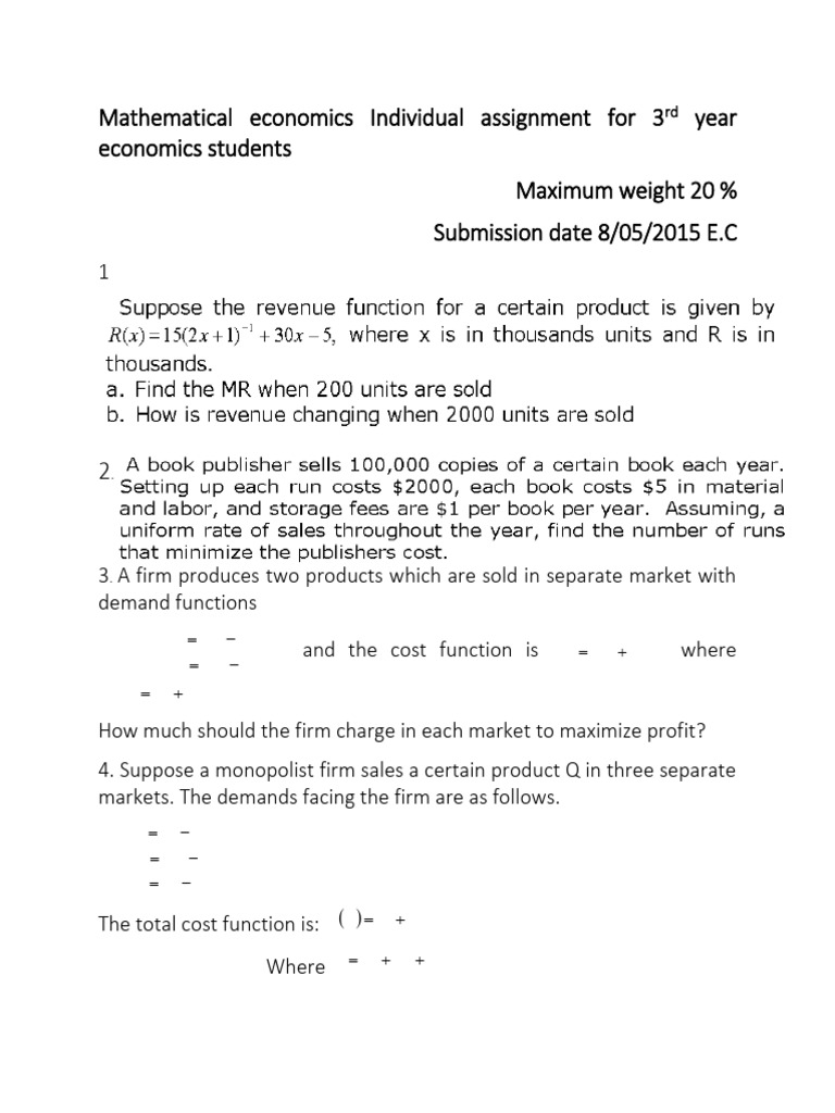 Mathematical Economics Individual Assignment For 3rd Year Economics | PDF