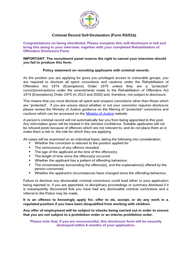 RS01b - Criminal Record Self Declaration Form | PDF | Criminal Record ...