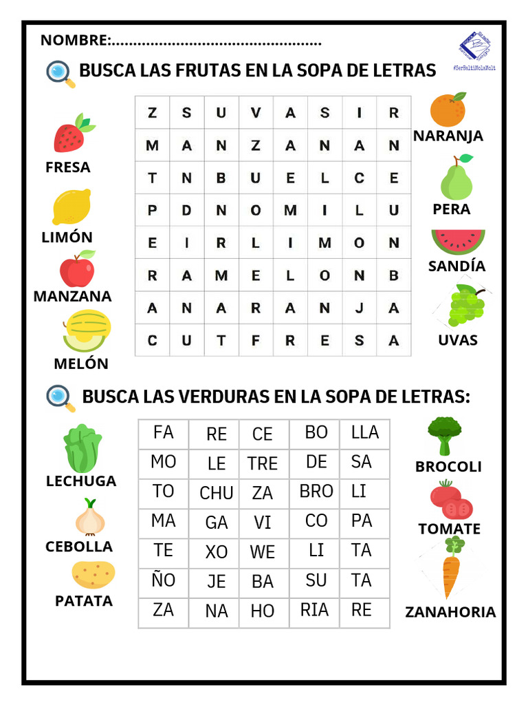 Sopa de Letras: Frutas y Verduras | PDF