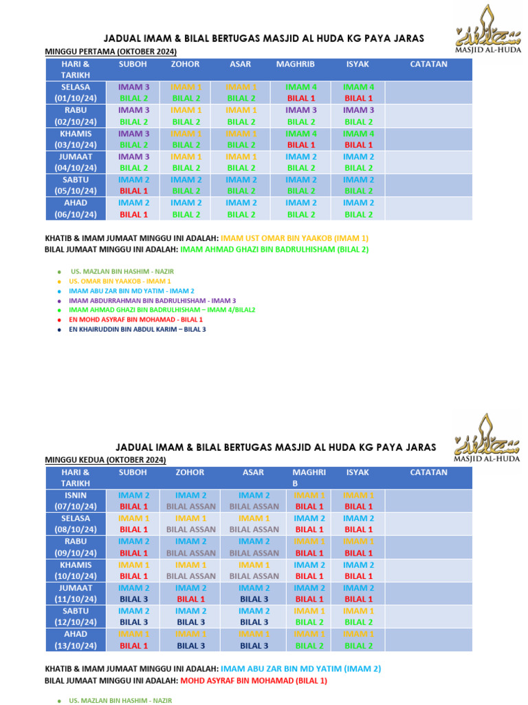 Jadual Imam Muadzin 10 - Okt 2024 V4 | PDF