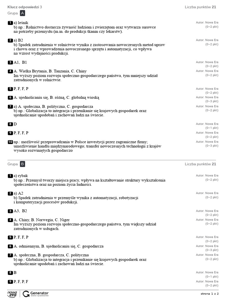 Sektory Gospordarki. Globalizacja. PP Klucz - Odpowiedzi | PDF