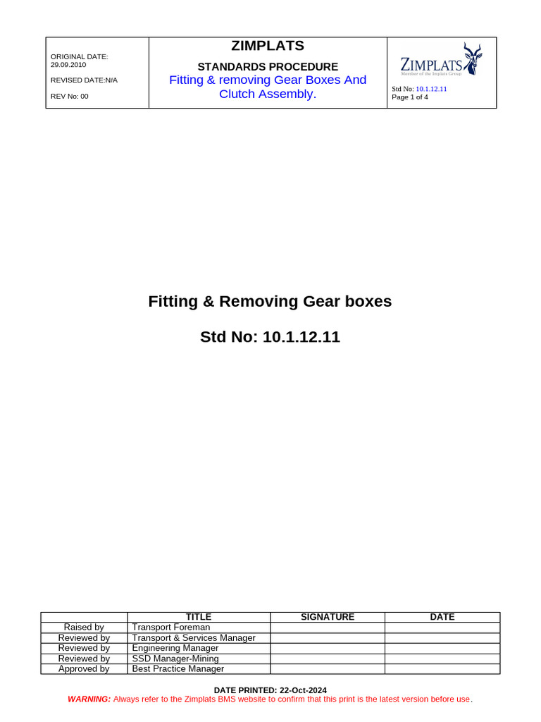 Gearbox Fitting and Removal Procedure | PDF | Personal Protective ...