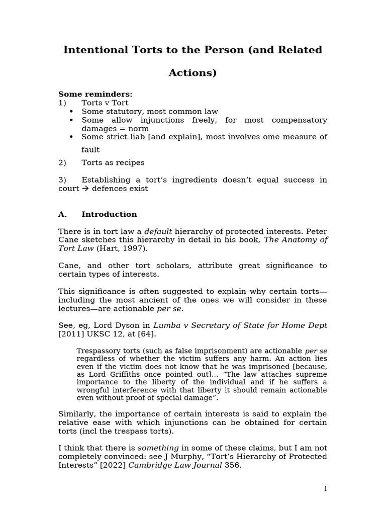 Understanding Intentional Torts to Persons | PDF | Arrest | Tort