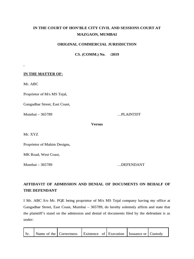 Affidavit of Admission and Denial of Documents On Behalf of The Defendant | PDF | Affidavit ...