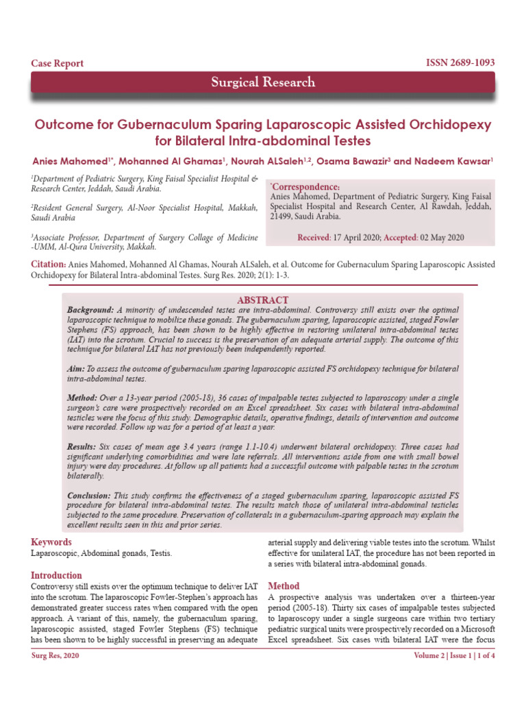 Outcome For Gubernaculum Sparing Laparoscopic Assisted Orchidopexy For ...