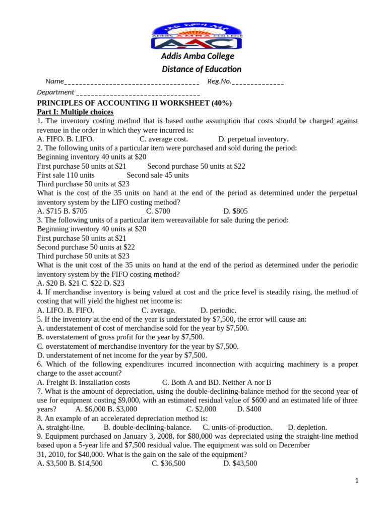 Principle of Accounting II Assignment | PDF | Depreciation | Inventory