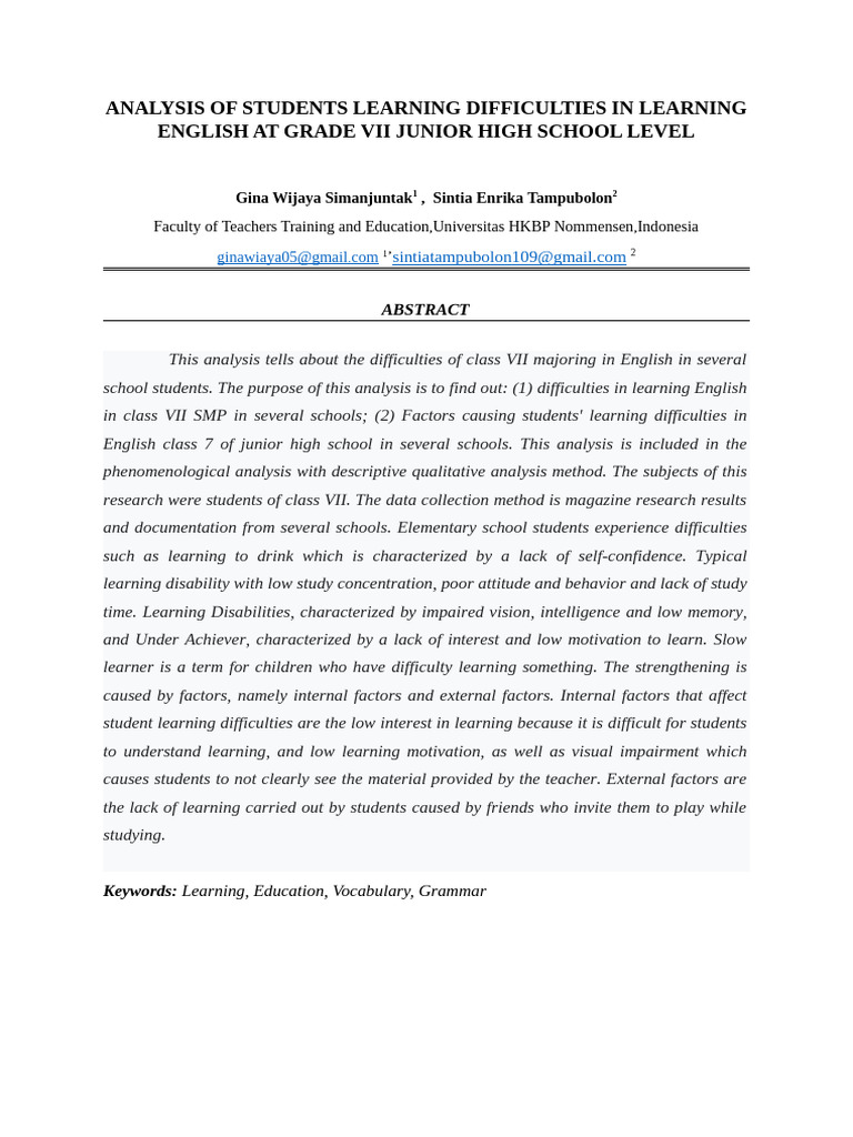 Analysis of Students Learning Difficulties in Learning English at 7 ...