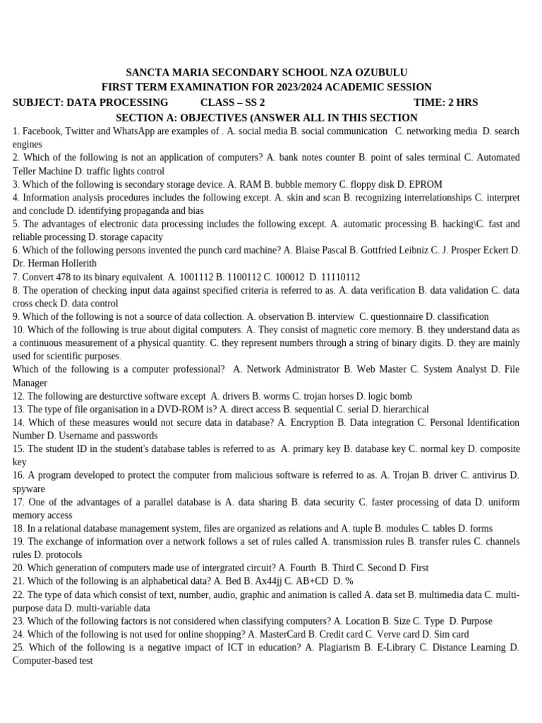 ss2 1st Term Exam 2023 | PDF | Computer Data Storage | Data Model