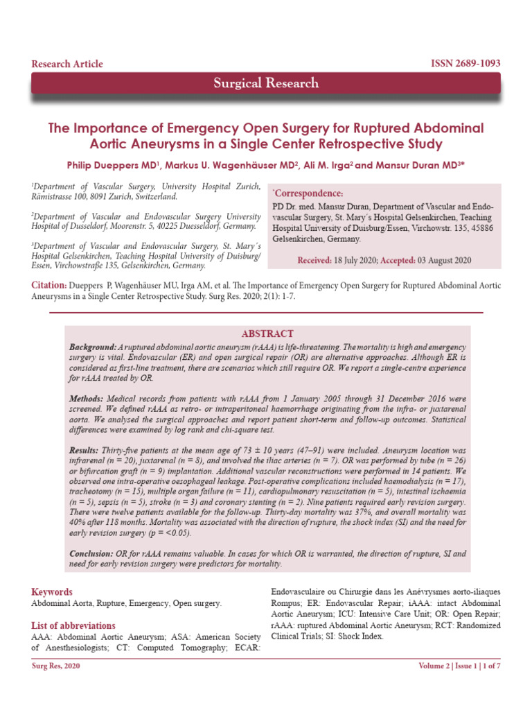 The Importance of Emergency Open Surgery For Ruptured Abdominal Aortic Aneurysms in A Single ...