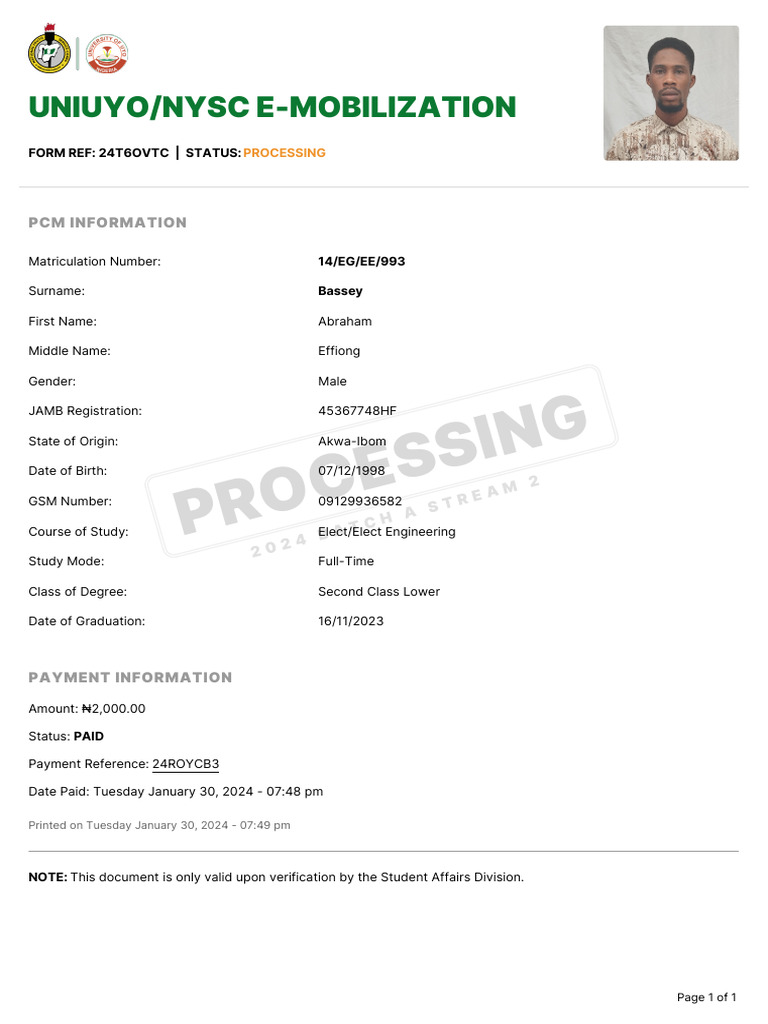 UNIUYO - NYSC Internal Mobilization Application Form #24T6OVTC | PDF