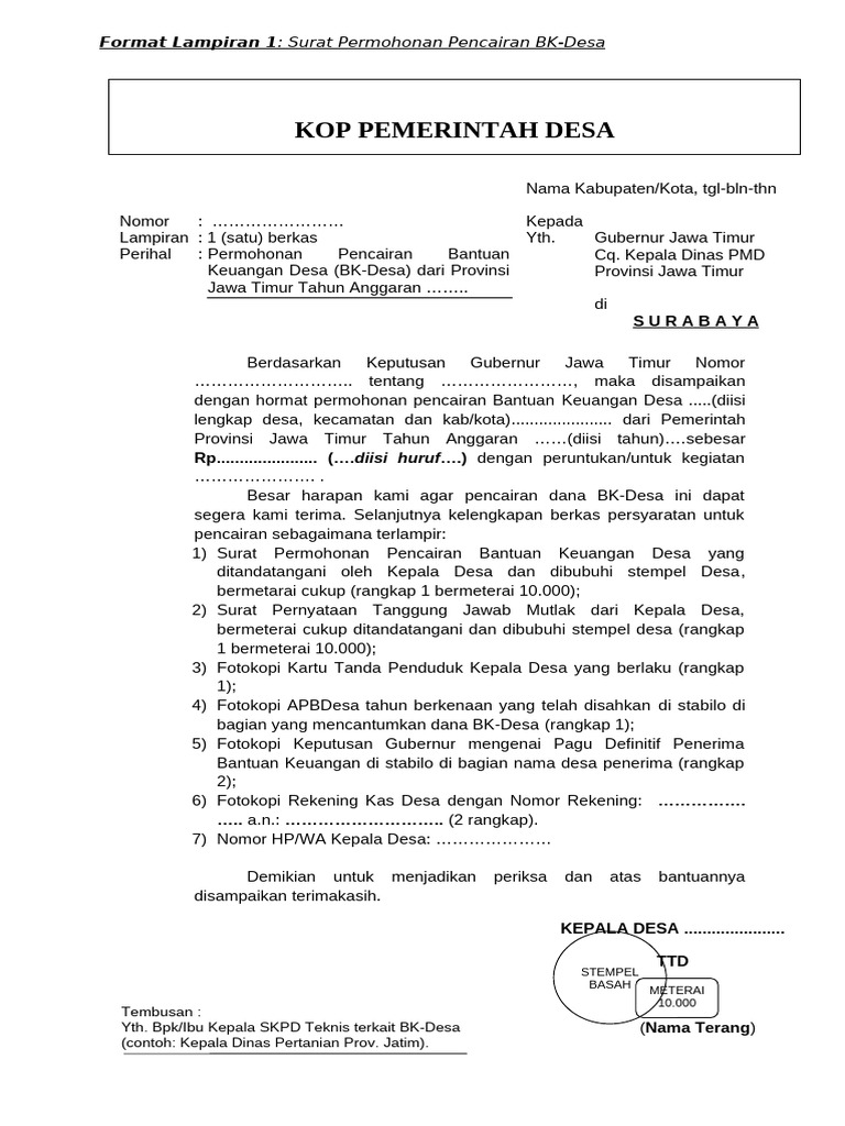 Format Lampiran 1 - Surat Pencairan Desa - DESA | PDF