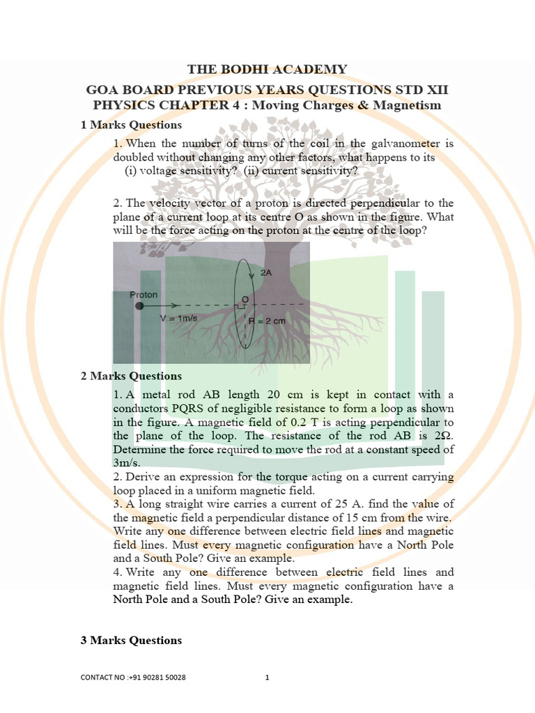 Pyq STD Xii Physics Chapter 4 - Moving Charges and Magnetism | PDF | Magnetic Field | Electric ...