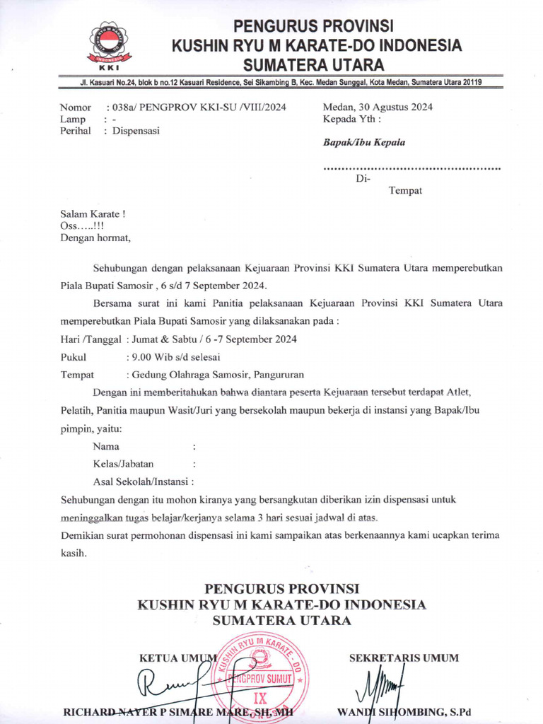 038a Surat Dispensasi Kejurprov KKI SU 2024 | PDF