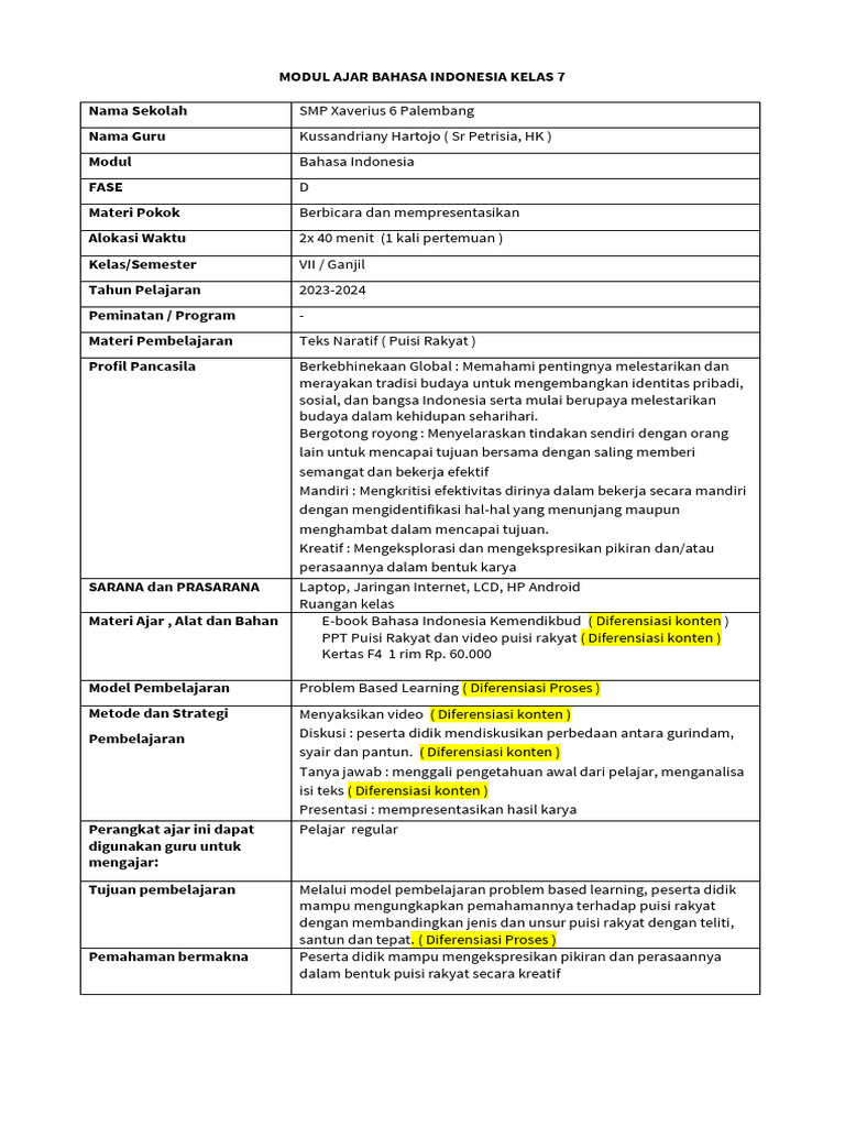 Modul Ajar Bahasa Indonesia Kls 7 Puisi Rakyat Berdiferensiasi KSE ...