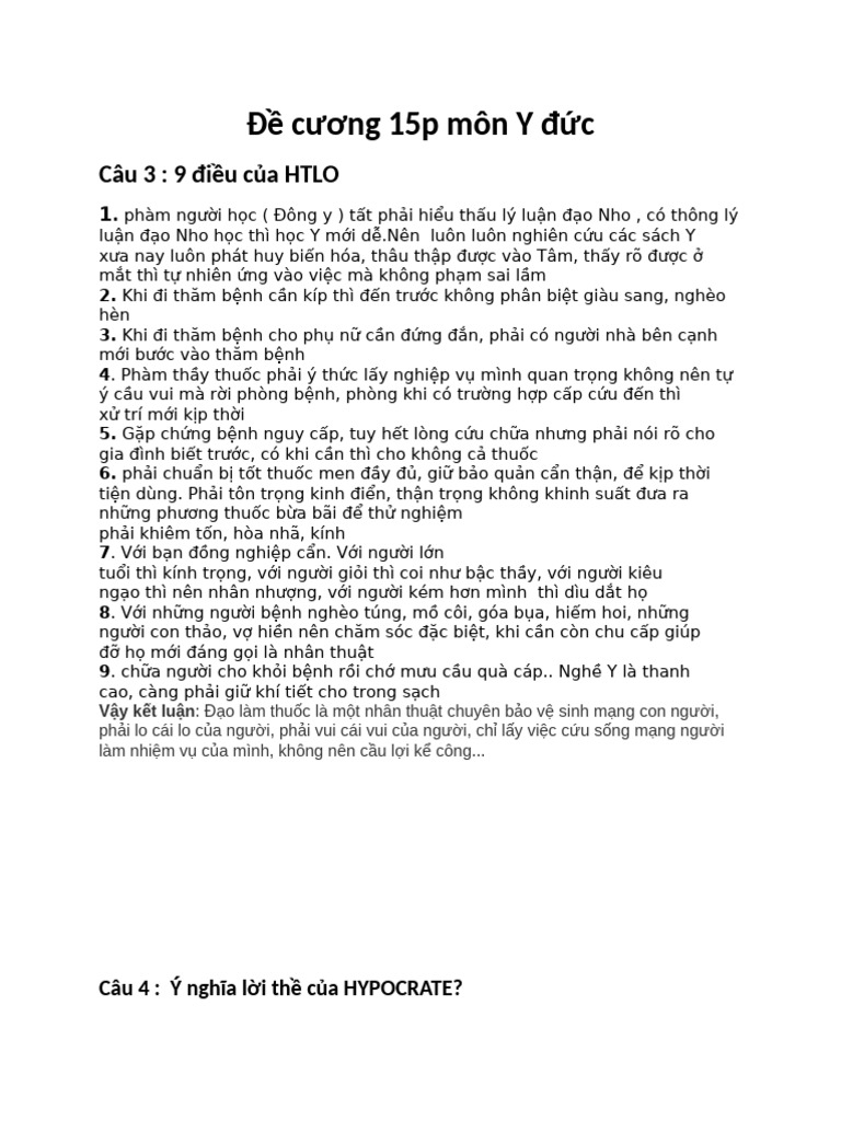 Đề Cương 15p Môn Y Đức | PDF