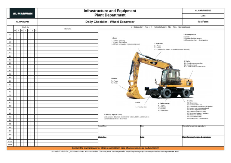 ALMARPHIE12 - Daily Checklist - Wheel Excavator | PDF | Automotive ...
