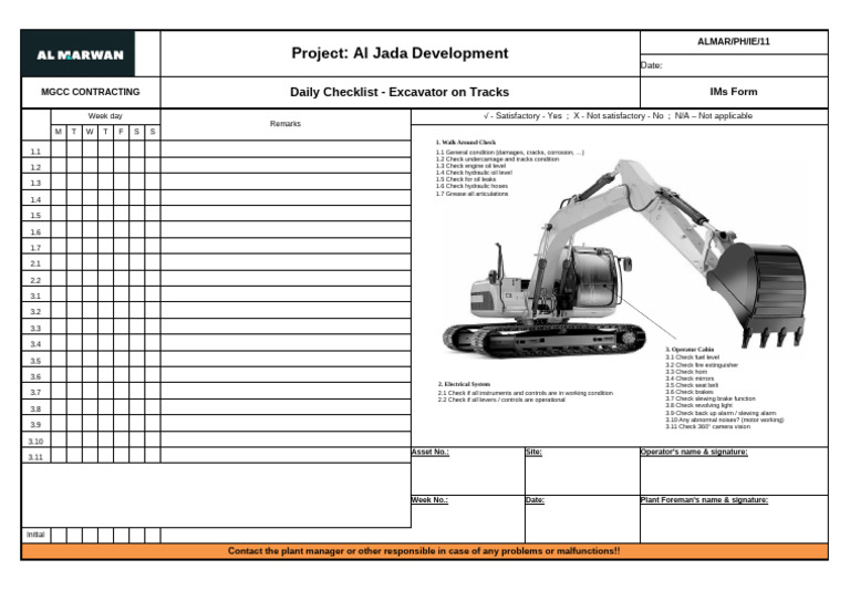 ALMARPHIE11 - Daily Checklist - Excavator On Tracks | PDF