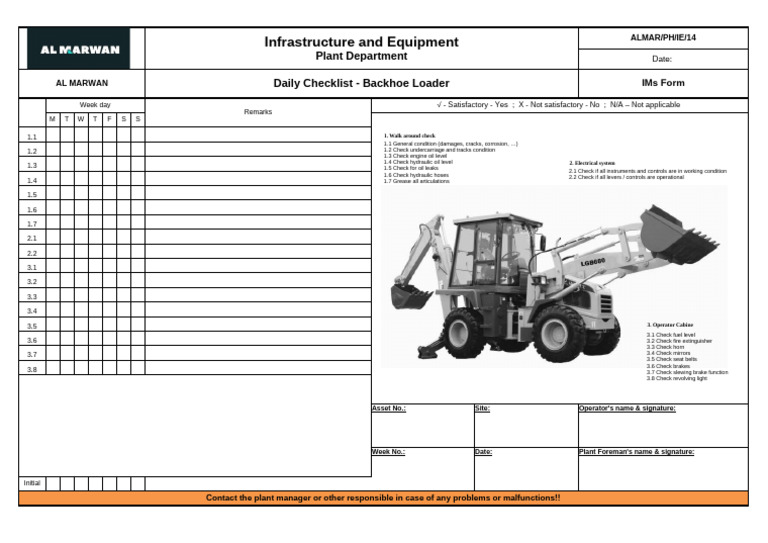 ALMARPHIE14 - Daily Checklist - Backhoe Loader | PDF