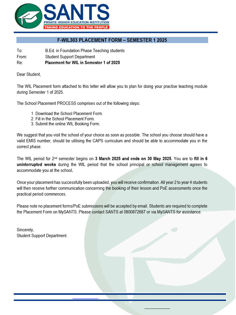 F-Wil303 Placement Form SEMESTER 1 2025 | PDF | Teacher Education