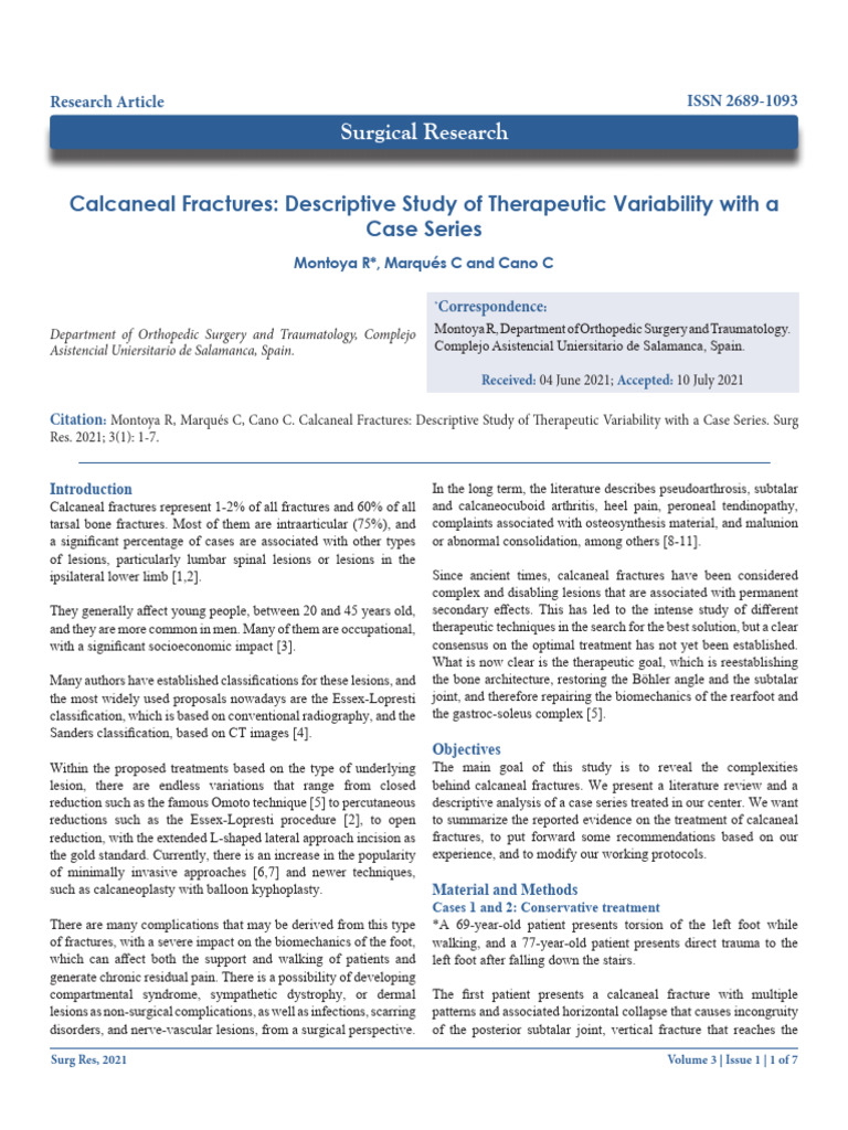 Calcaneal Fractures: Descriptive Study of Therapeutic Variability With ...