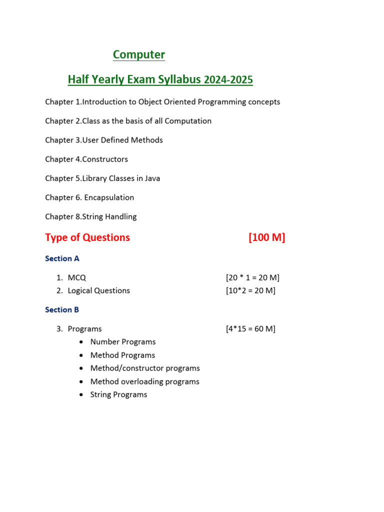 Half Yearly Exam Syllabus 2024 - 2025 | PDF
