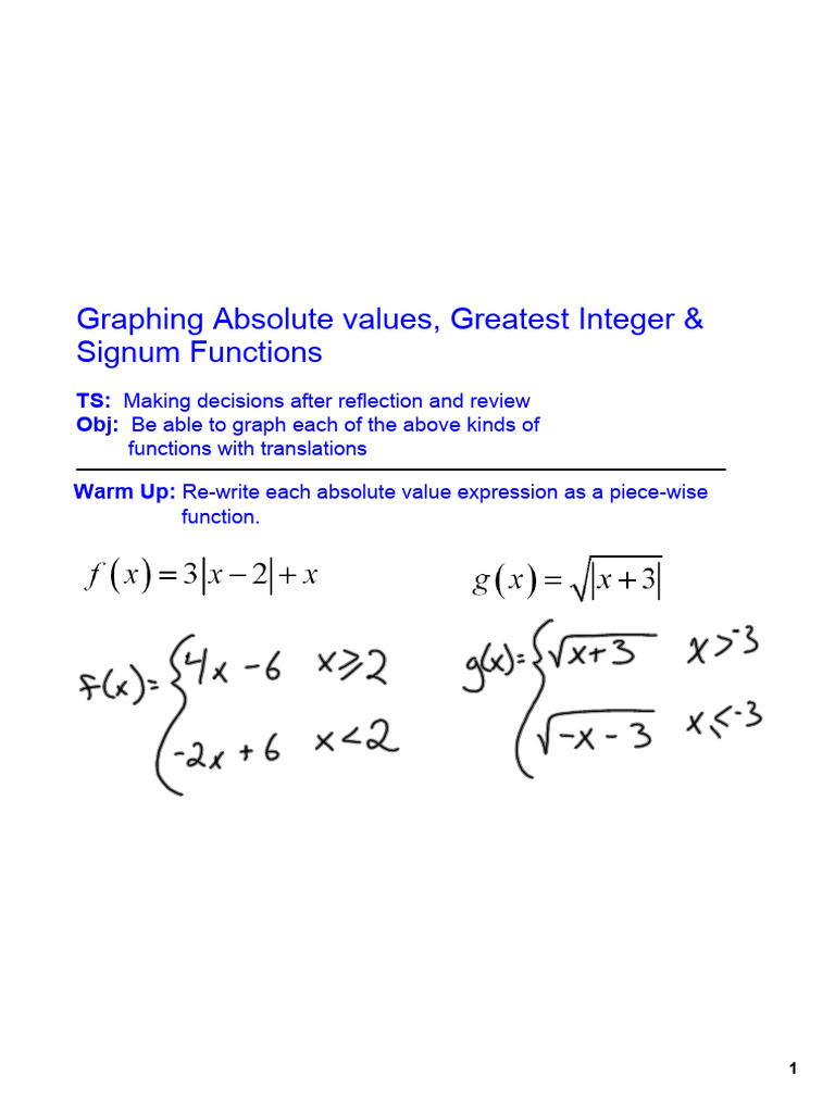 Graphing Absolute, Greatest Integer, Signum Functions | PDF