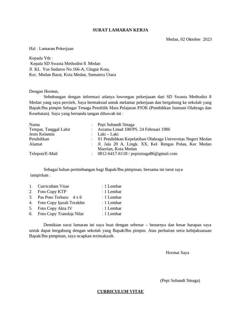 Surat Lamaran Kerja SD | PDF