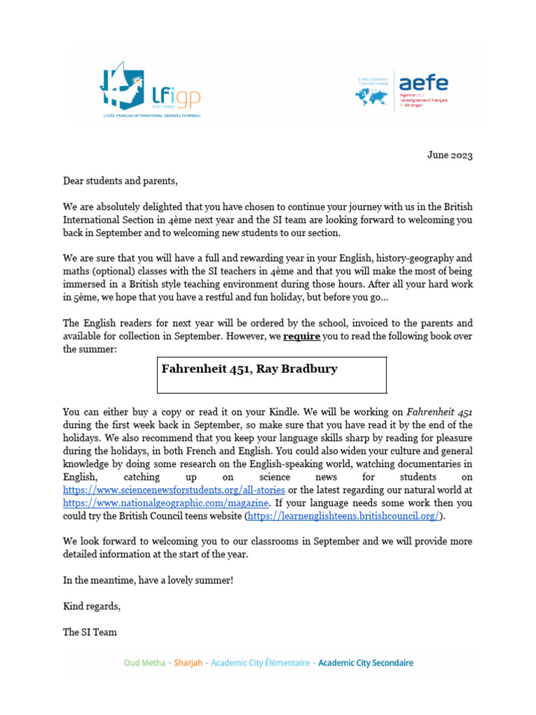 2023-24_-_Welcome_letter_for_future_4eme_SI_families_1 | PDF | The ...