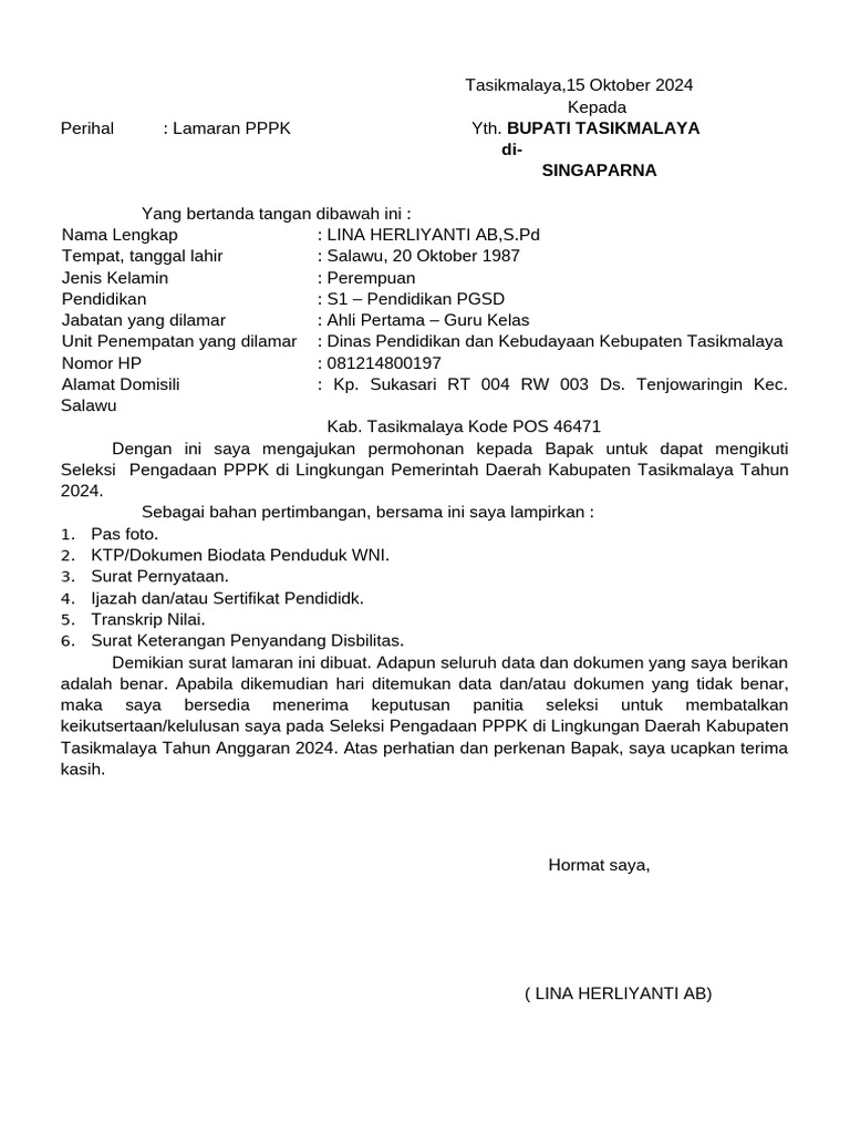 Surat Lamaran PPK Lina | PDF