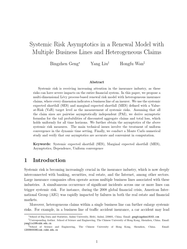 Systemic Risk Asymptotics in A Renewal Model With Multiple Business Lines and Heterogeneous ...