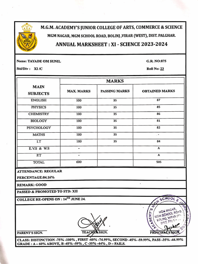 11th Marksheet | PDF