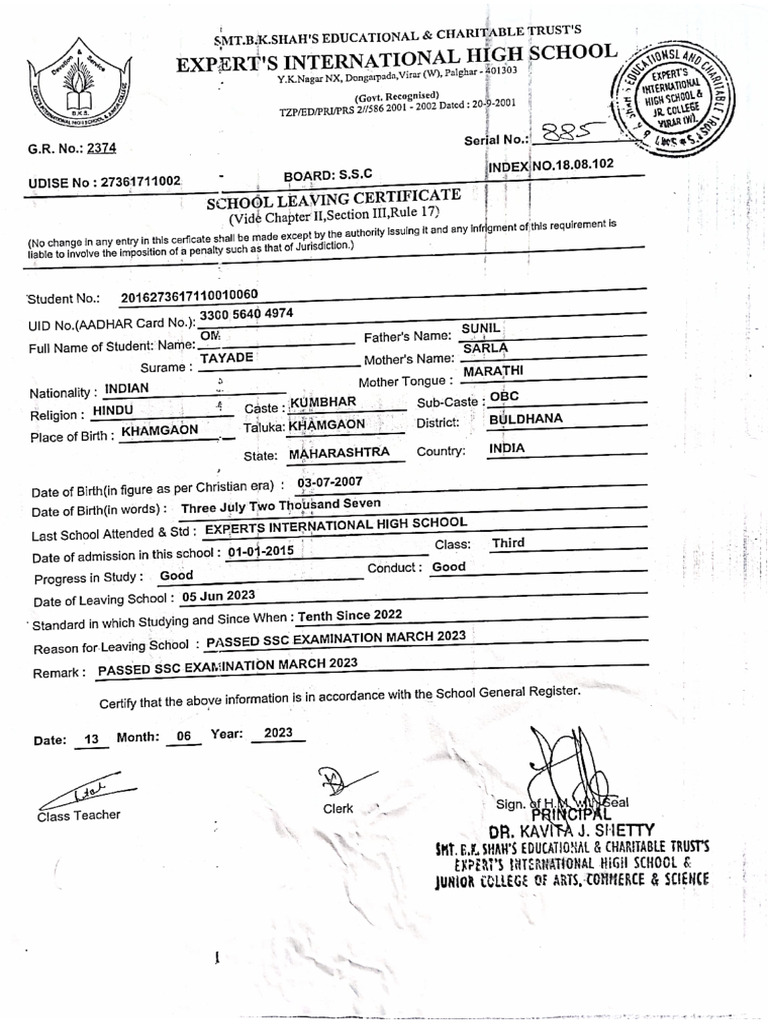 10th Leaving Certificate (TC) | PDF